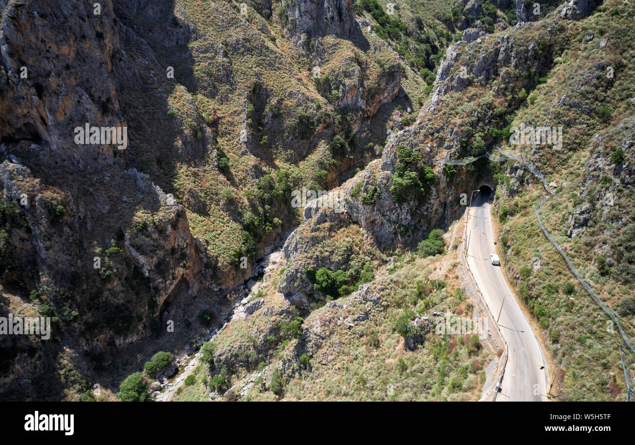 Aerial bird's-eye view from drone on Topolia Gorge canyon and road ...