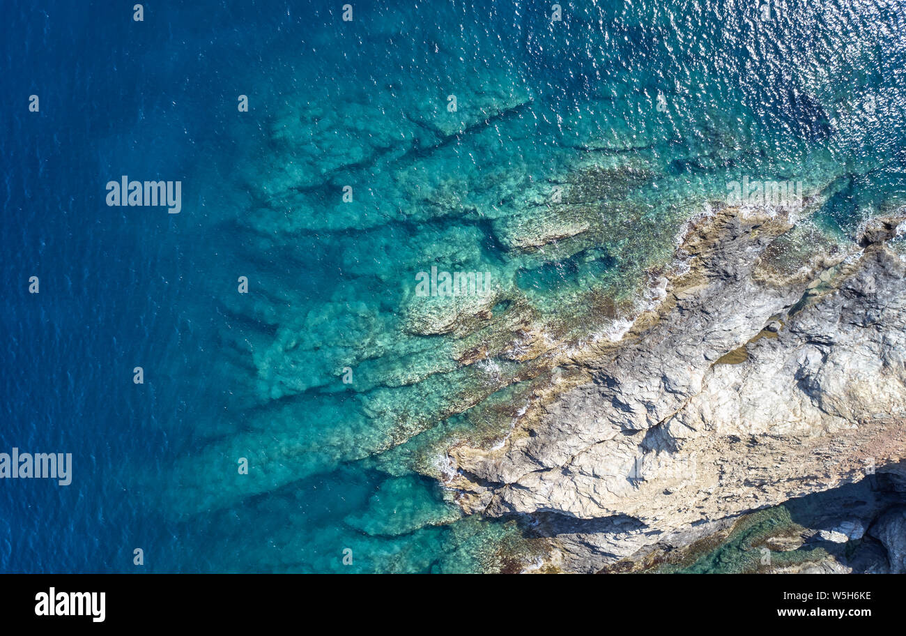 Aerial view from drone on underwater reefs in mediterranean sea near ...