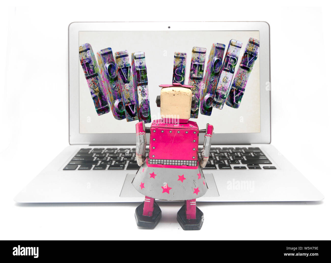robot girls love story ona laptop computer isolated Stock Photo - Alamy