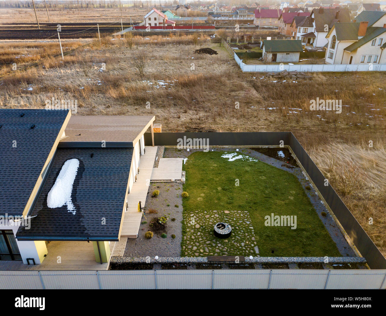 Aerial top view of new residential house cottage and terrace with ...