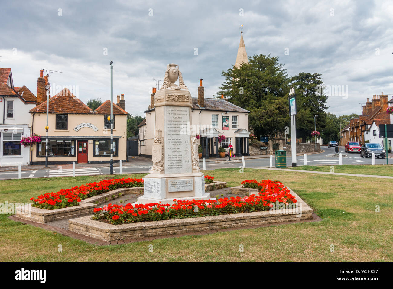 Datchet War memorial stands in the middle of a green in the centre of ...