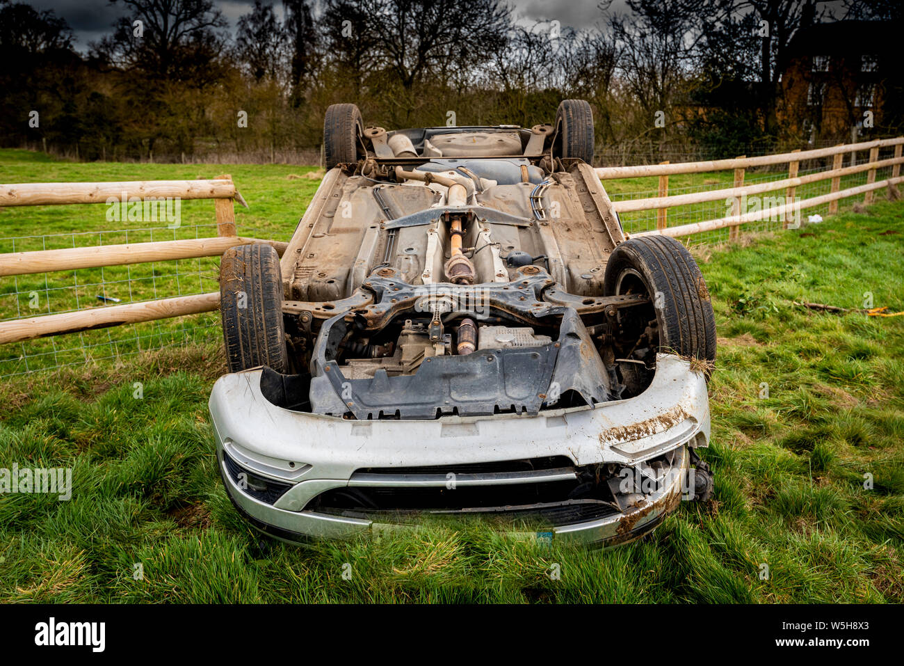 Car crash. Young drivers overturned vehicle. Non fatal accident caused ...