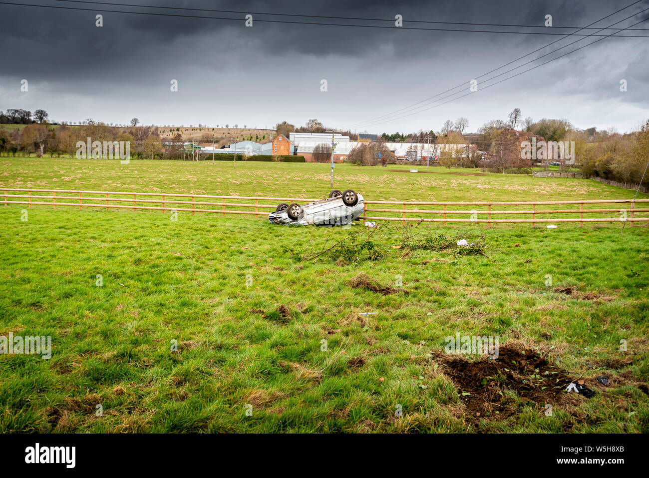 Car crash. Young drivers overturned vehicle. Non fatal accident caused ...