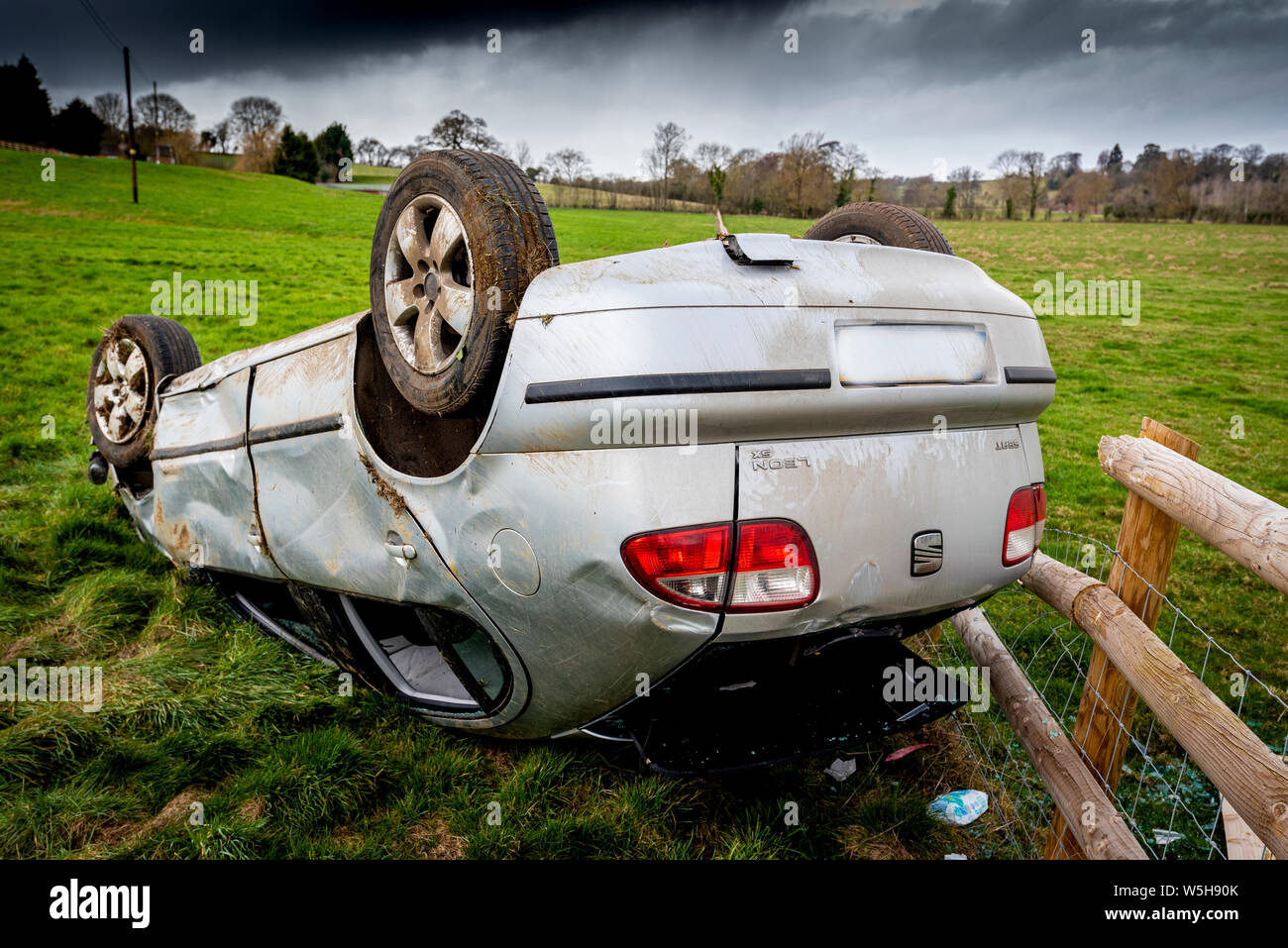 Car crash. Young drivers overturned vehicle. Non fatal accident caused ...