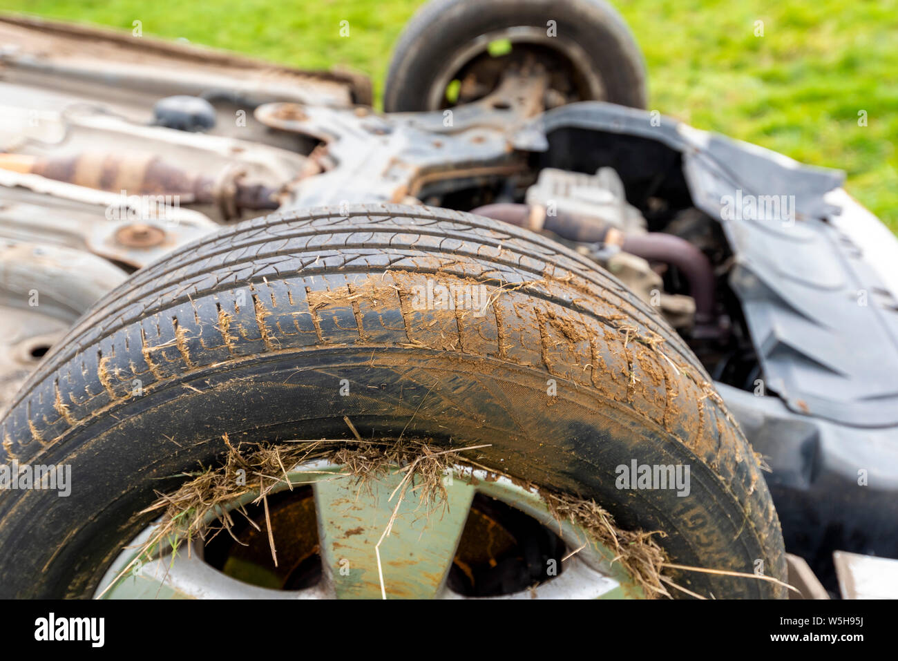Car crash. Young drivers overturned vehicle. Non fatal accident caused ...