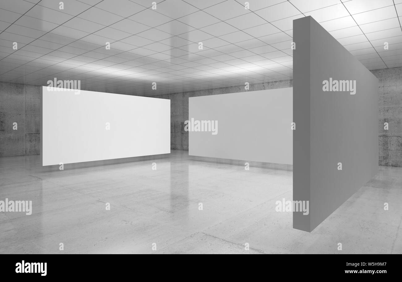 Abstract empty interior, three white stands installation is in ...