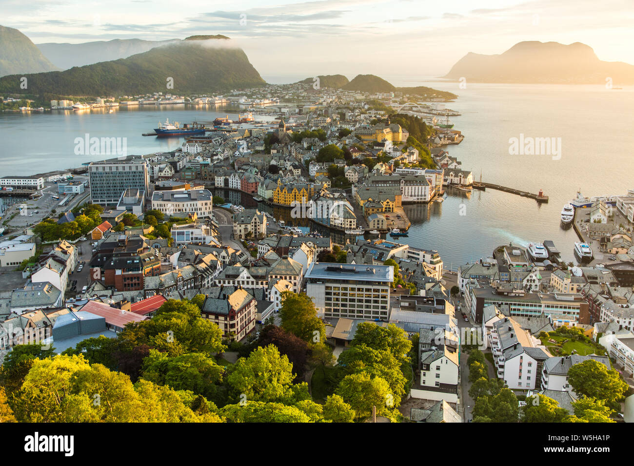 Cityscape of Alesund town at sunset, Norway Stock Photo - Alamy