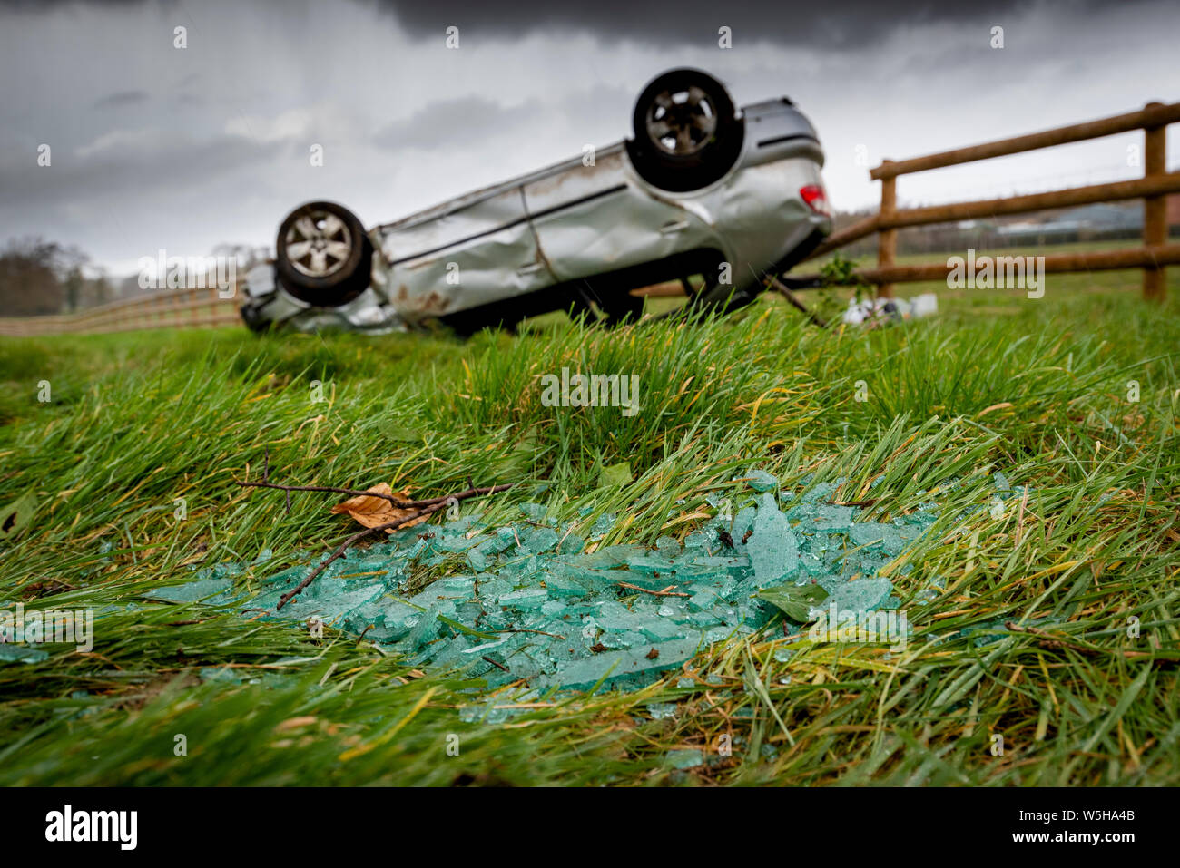 Car crash. Young drivers overturned vehicle. Non fatal accident caused ...