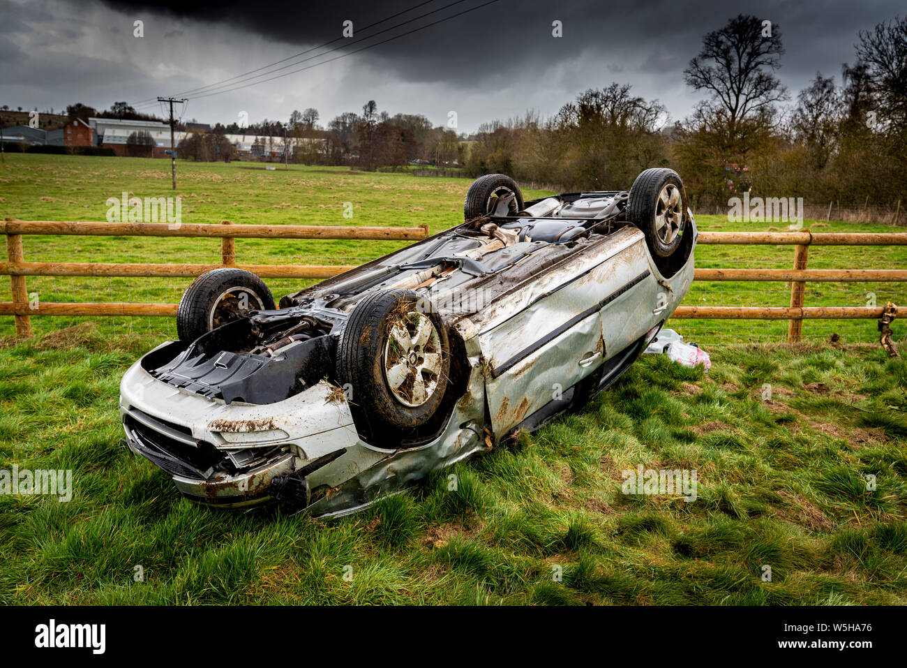 Car crash. Young drivers overturned vehicle. Non fatal accident caused ...