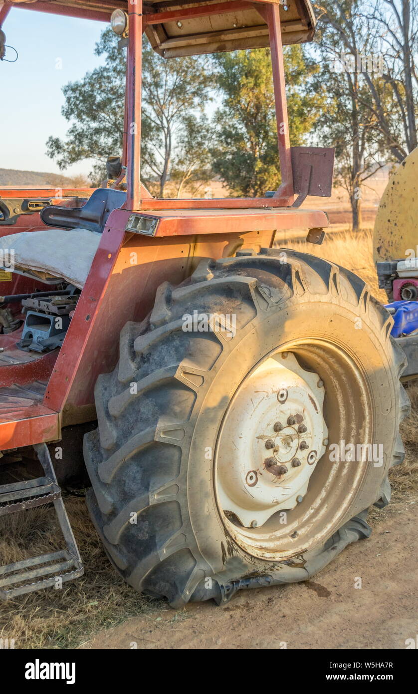 A flat tyre on the large rear tyre of a large tractor image in portrait ...