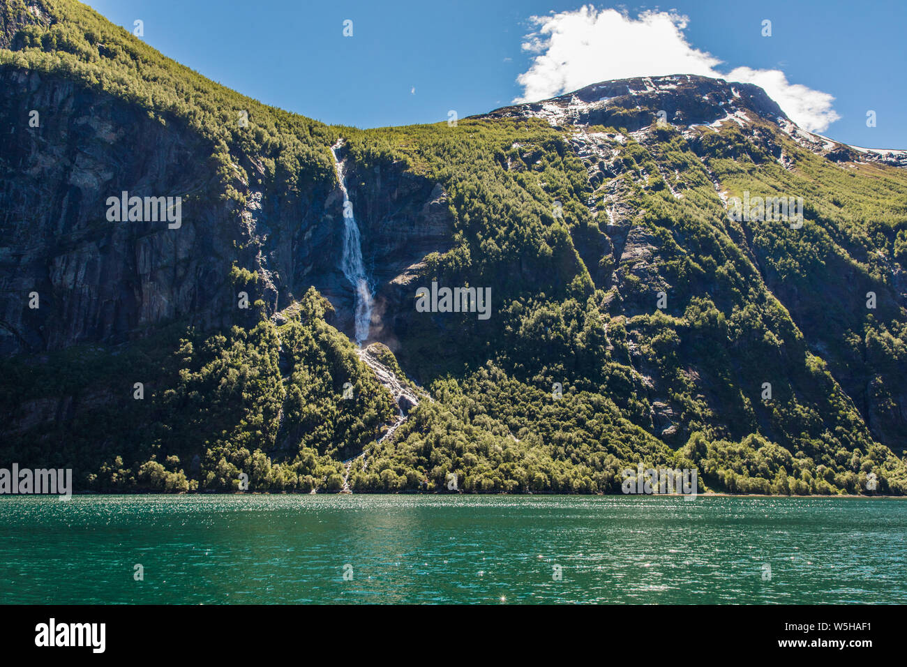 Geiranger fjord, Norway: landscape with mountains and waterfalls at ...