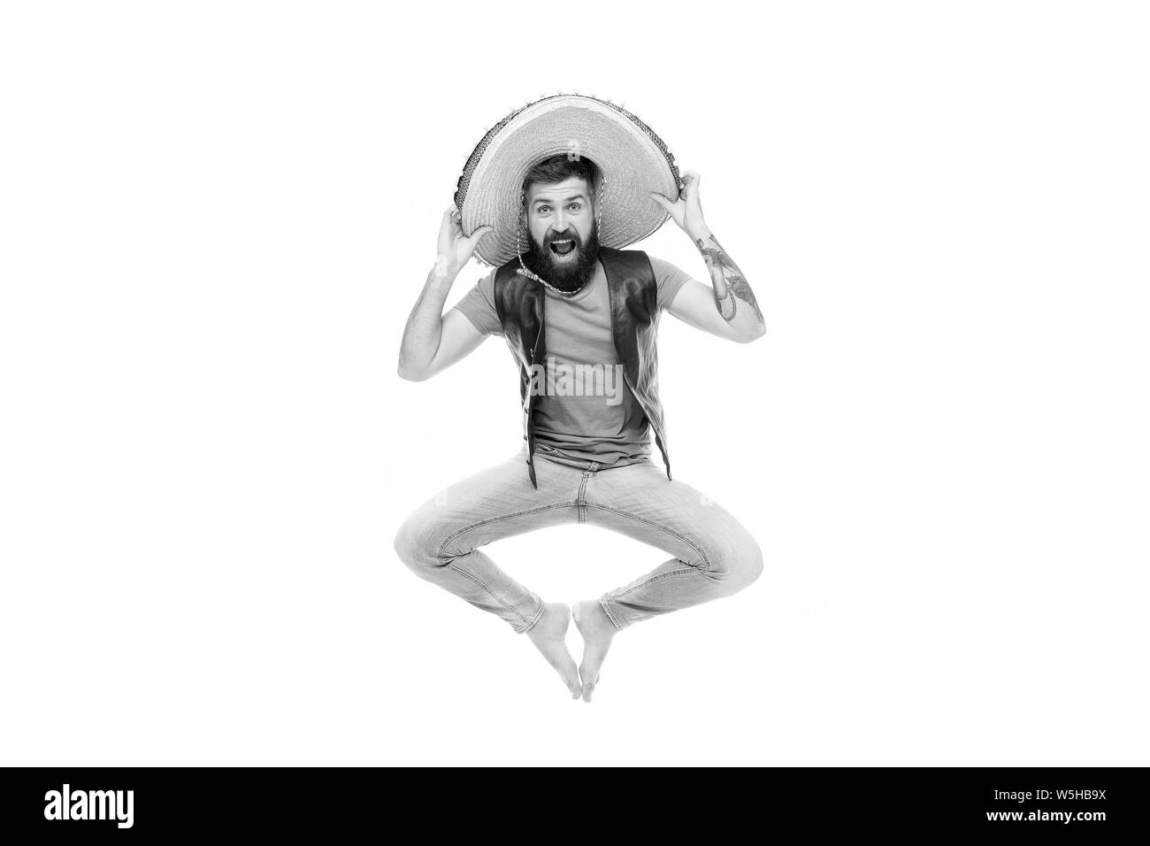 Celebrate traditional mexican holiday. Guy happy cheerful face having ...