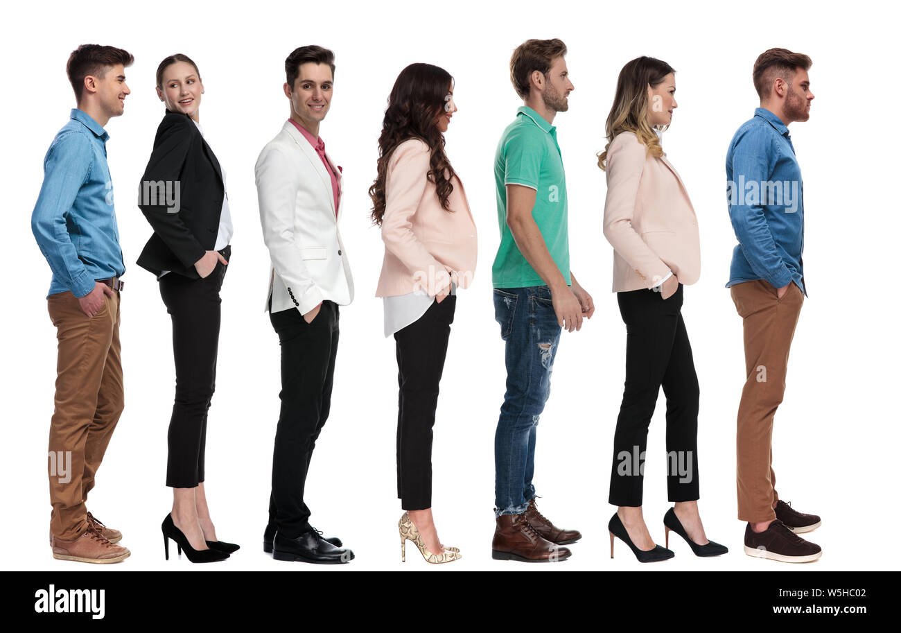 team of young people standing in line on white background, collage ...
