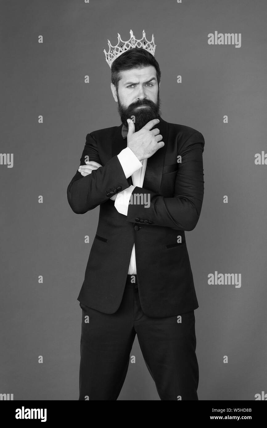 Elite society. Feeling superior. Man bearded guy in tuxedo golden crown ...