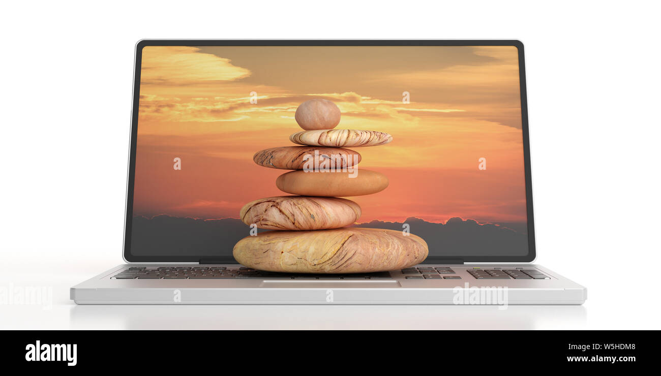 Zen stones stack on a computer isolated on white background. Sunset sky ...