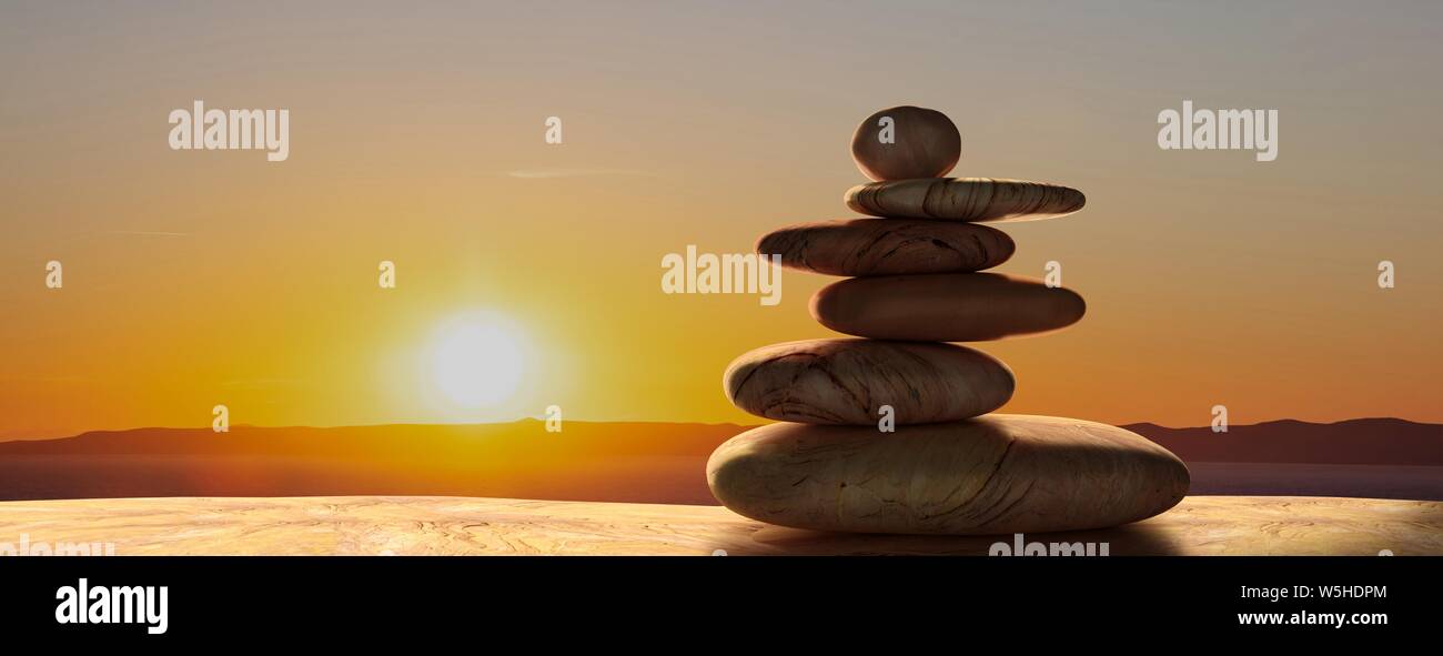 Zen stones stack against sunset nature background. Harmony, balance ...