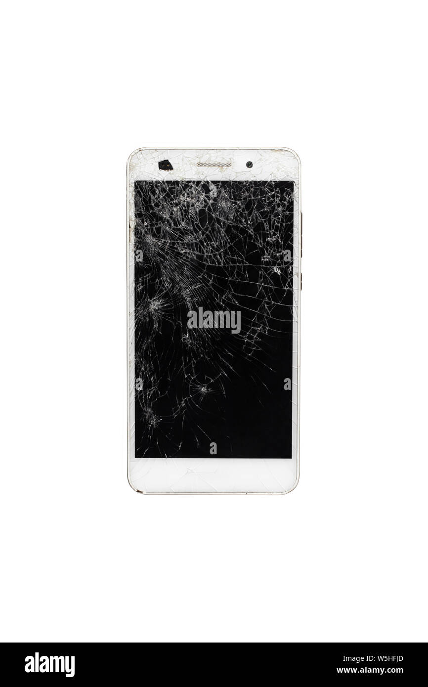 Broken smart phone with cracked screen isolated on white background ...