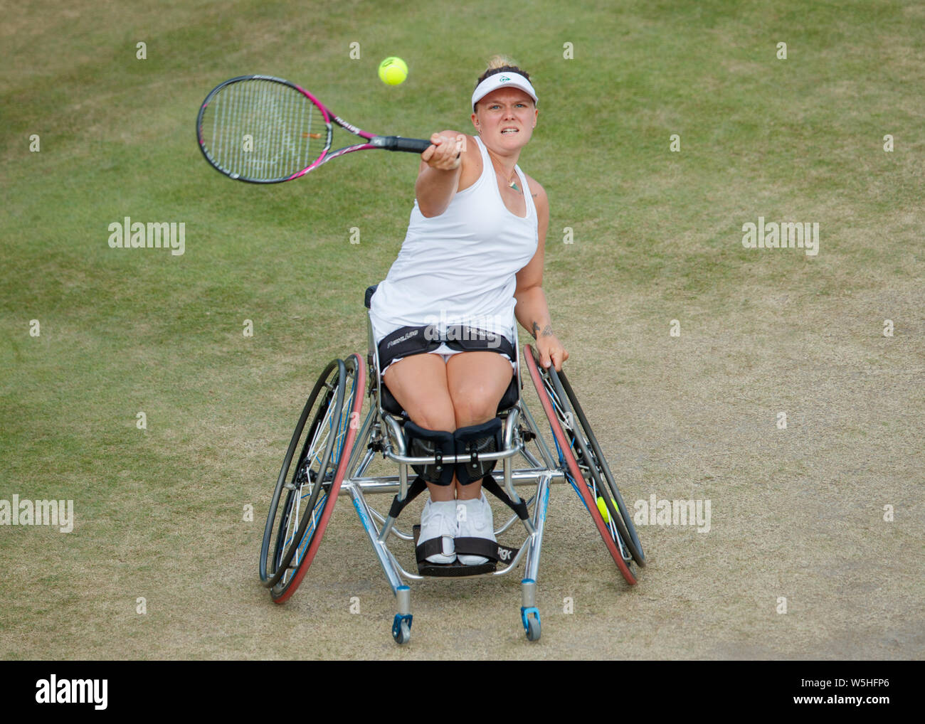 Jordanne Whiley of GB playing wheelchair tennis at The Championships ...