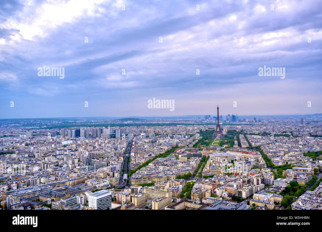 An aerial view of the Eiffel Tower and Paris, France at dusk Stock ...