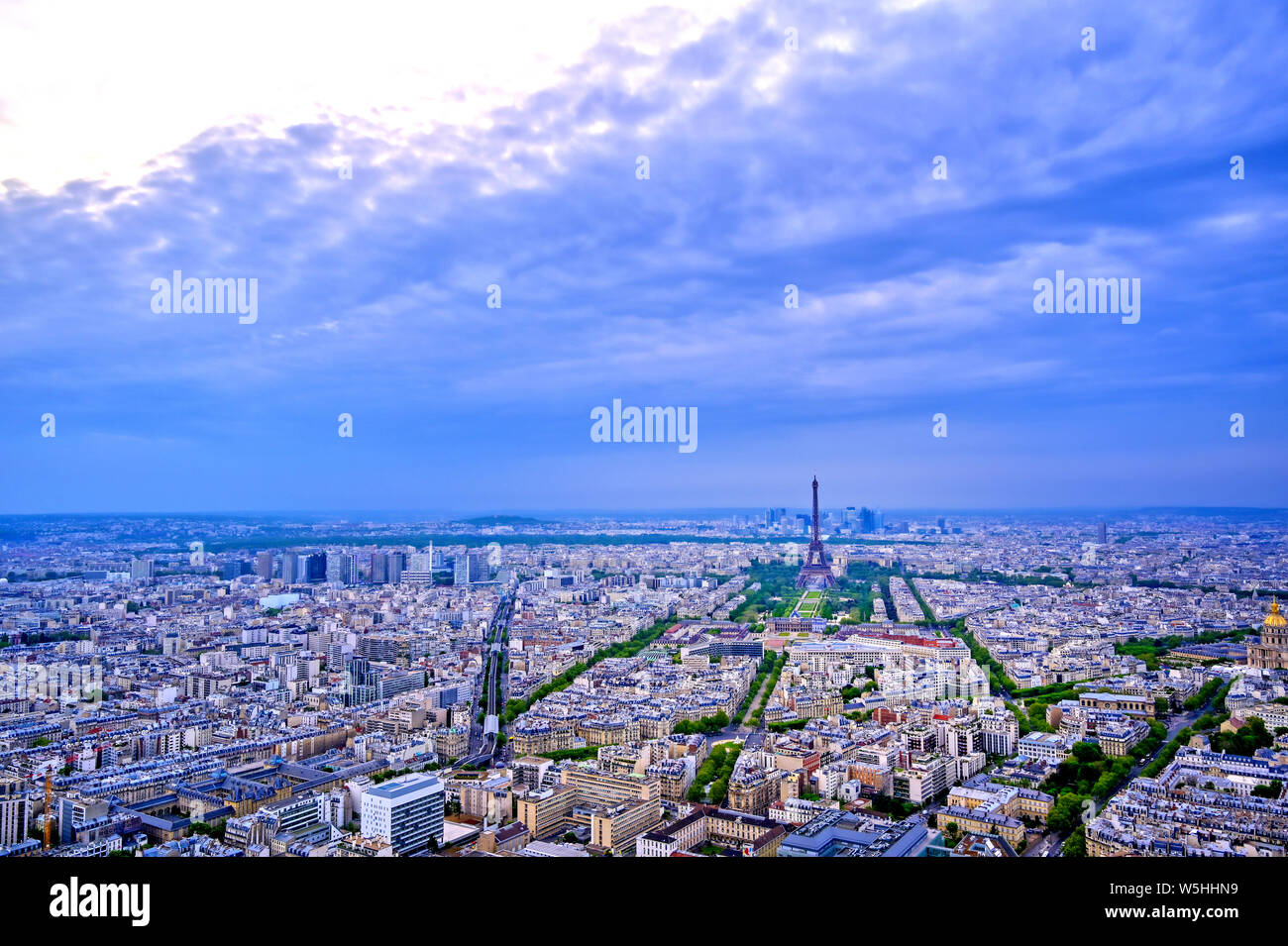 An aerial view of the Eiffel Tower and Paris, France at dusk Stock ...