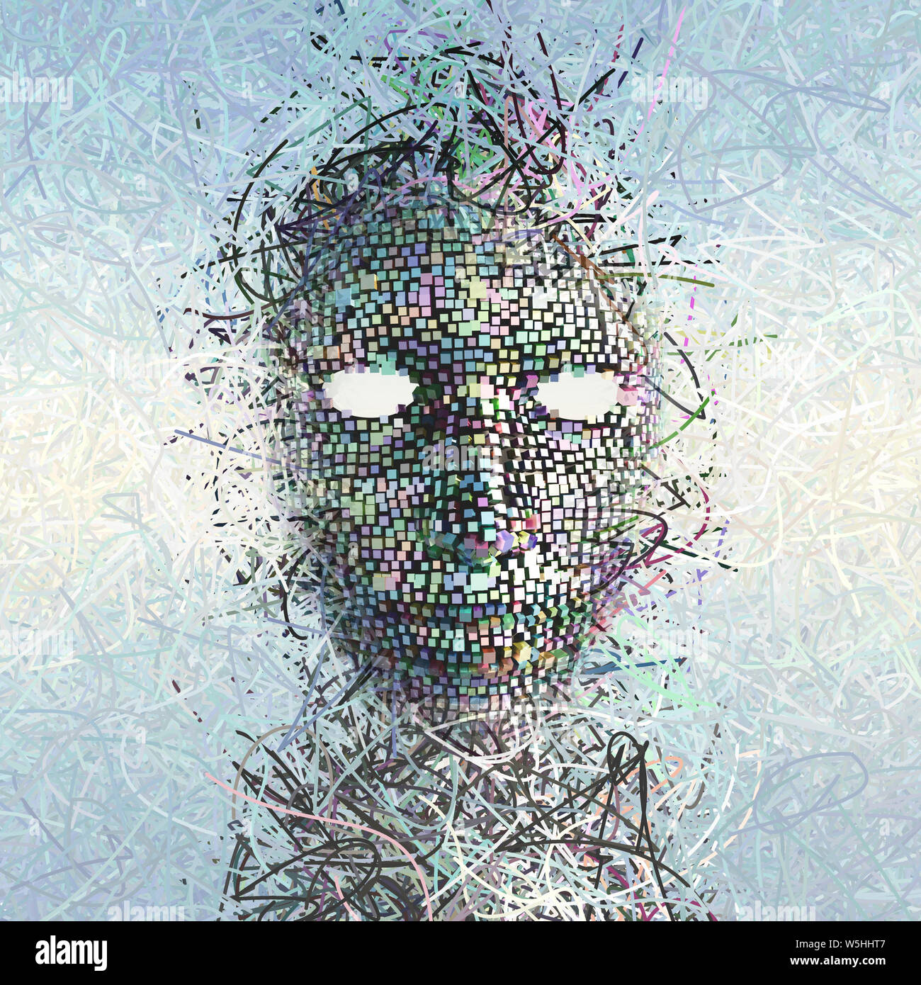 Surreal Mask made of cubes. Abstract with many wires Stock Photo - Alamy