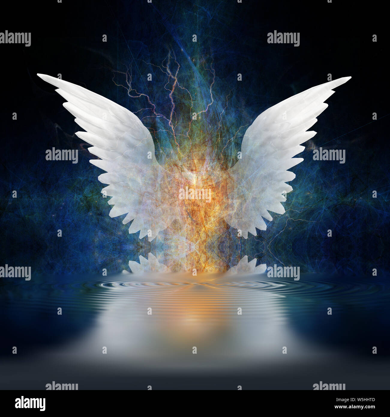 Surrealism. White angels wings over water ripples Stock Photo - Alamy