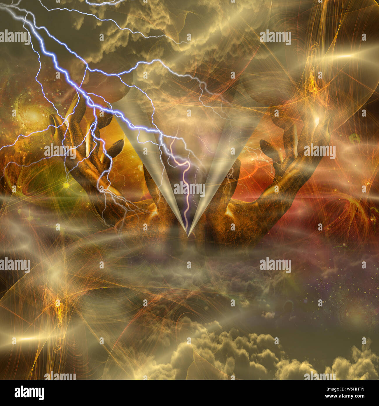 Surrealism. Hands of God in the sky. Moment of creation Stock Photo - Alamy