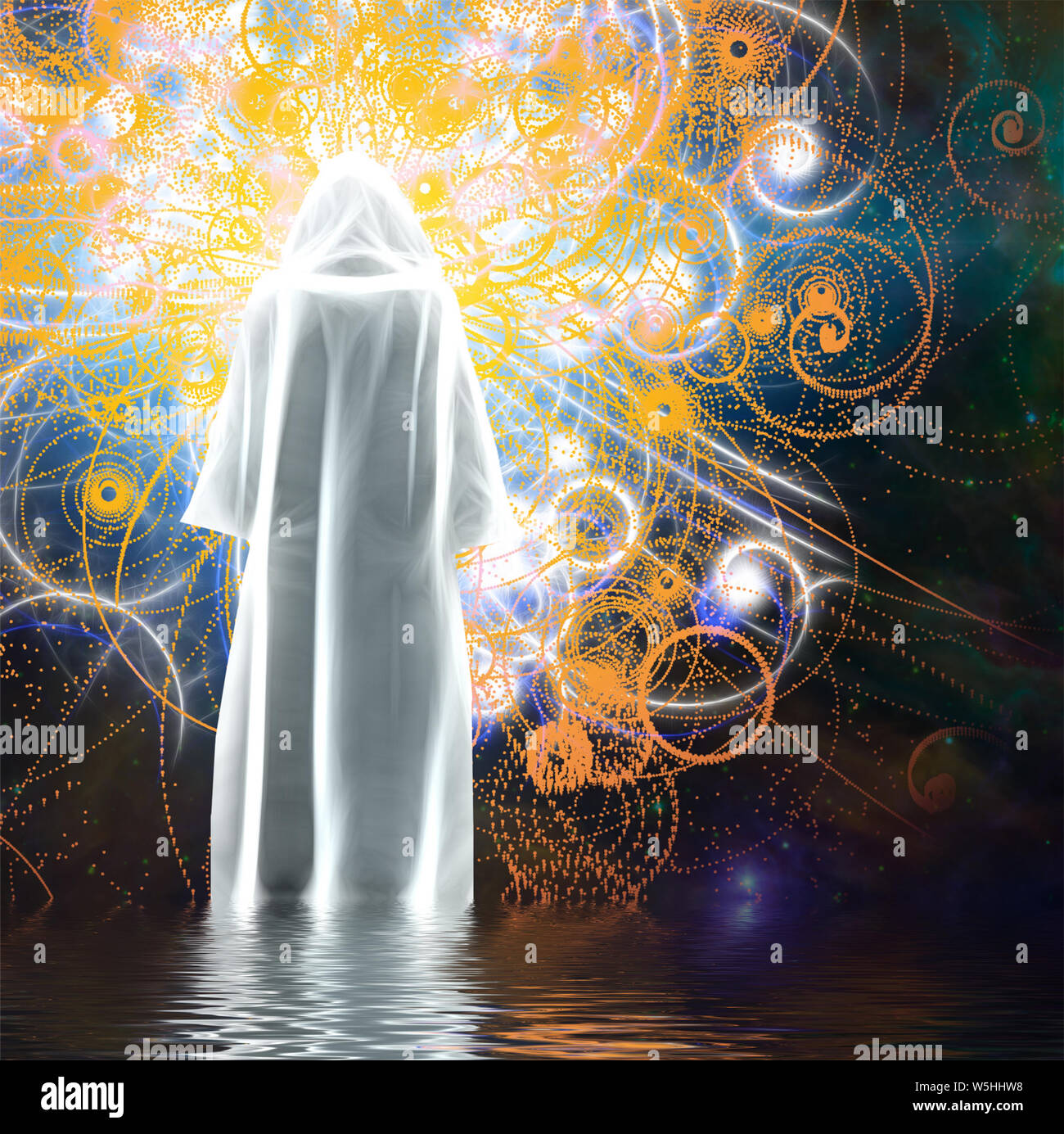 Figure in bright white cloak stands on water Stock Photo - Alamy