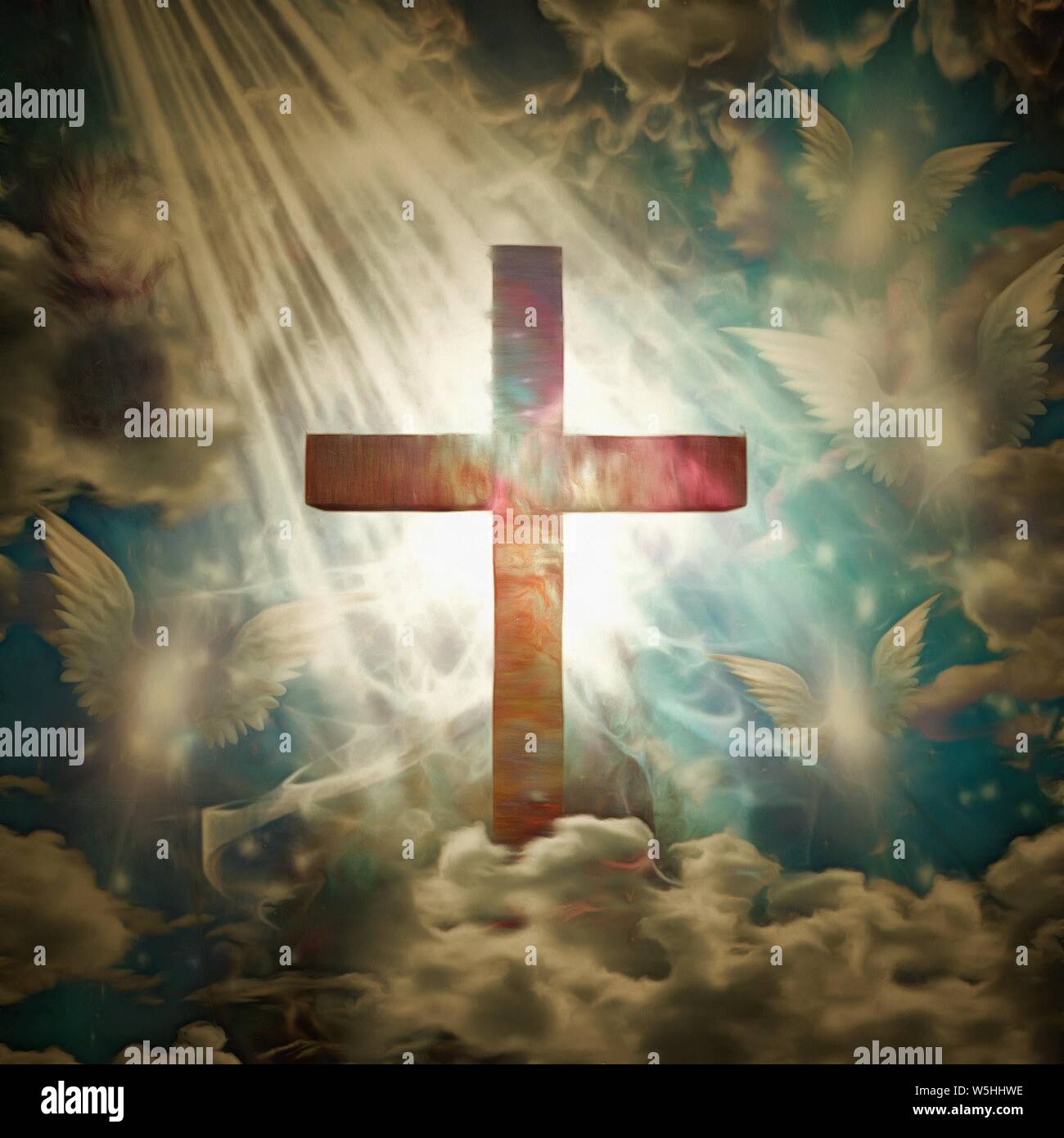 Christian cross in rays of light. Blessing. Angels flies around Stock ...