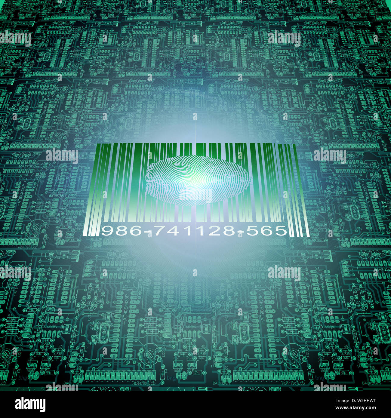 Barcode, fingerprint and electronic circuit board. Modern world Stock ...