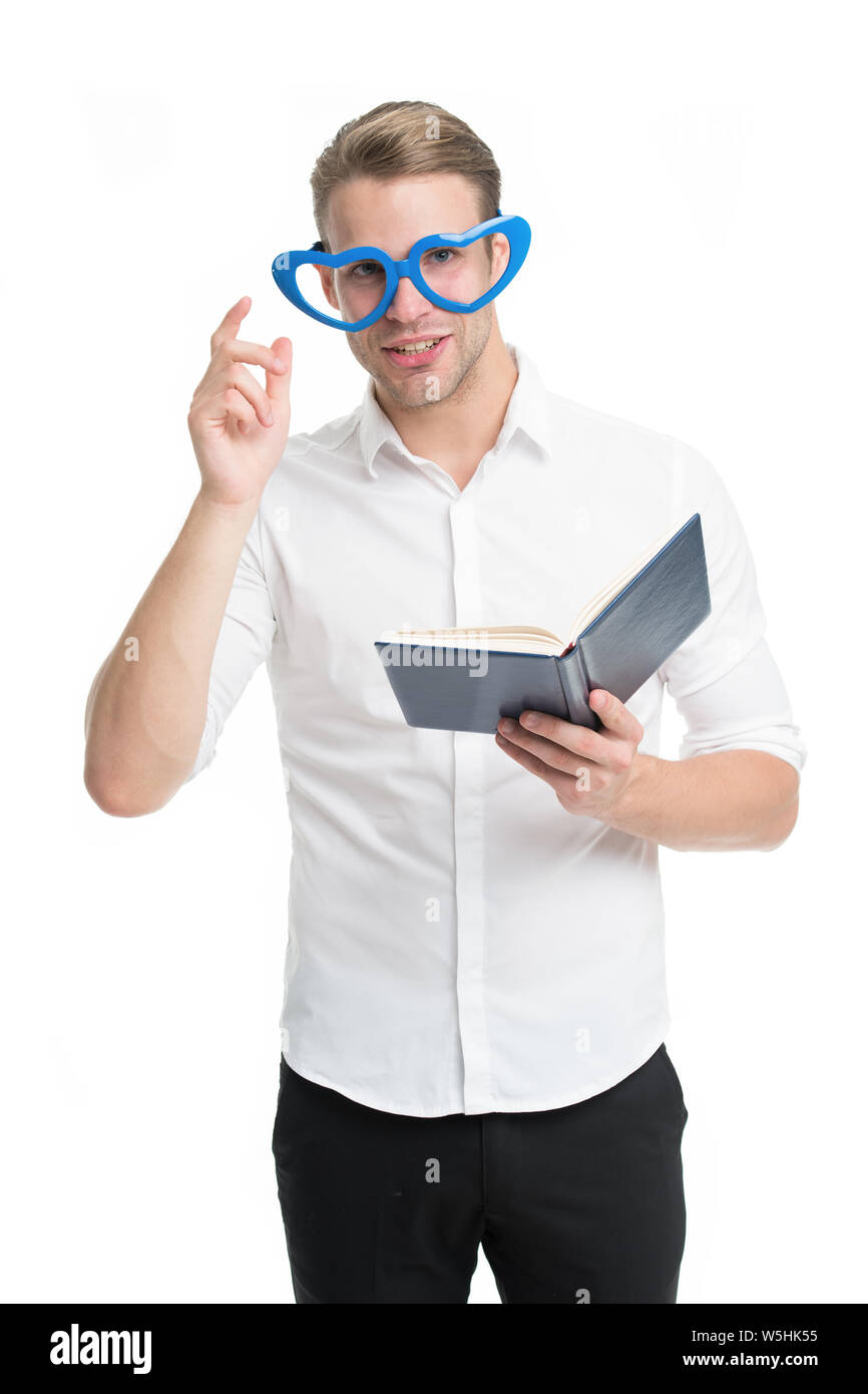 Teacher funny guy. Male student reading. Student handsome diligent man ...