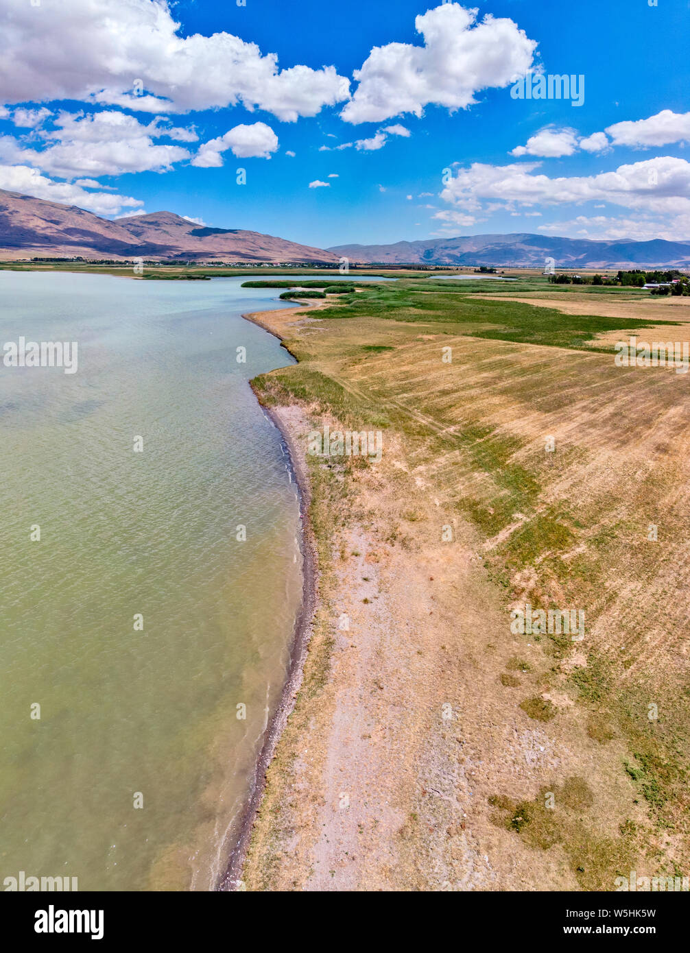 Aerial view of Lake Van the largest lake in Turkey, lies in the far ...
