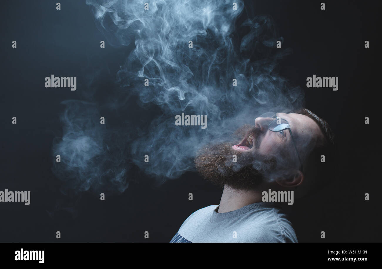 Concept. Smoke enveloped the head man. Portrait of a Bearded, stylish ...