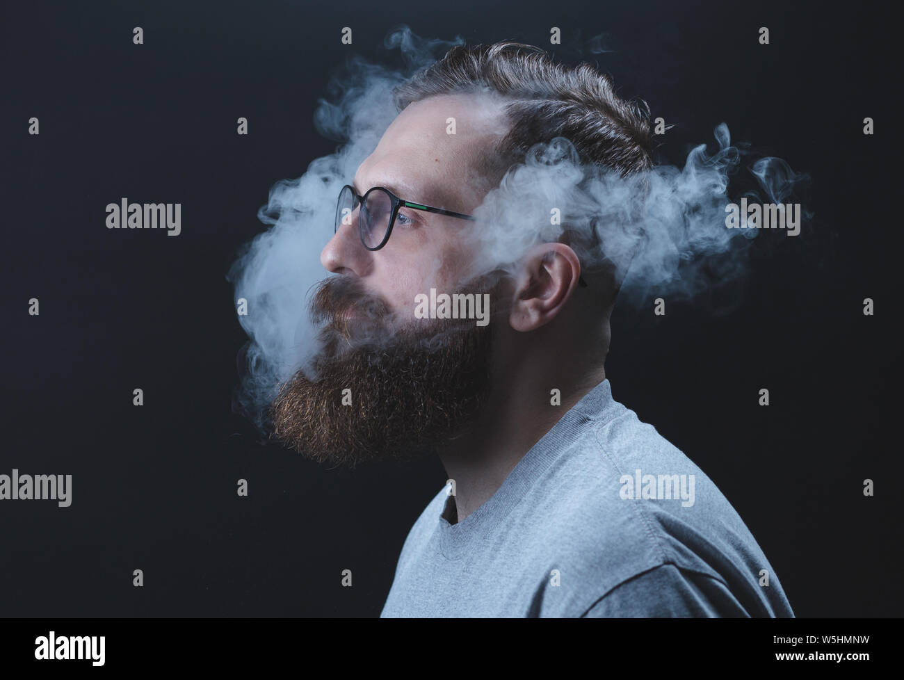 Concept. Smoke enveloped the head man. Portrait of a Bearded, stylish ...