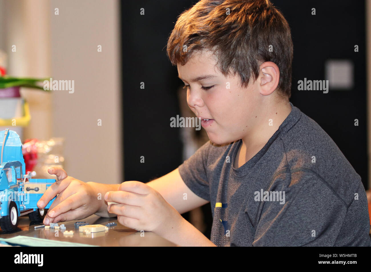 Boy Building Model From Blocks Stock Photo - Alamy