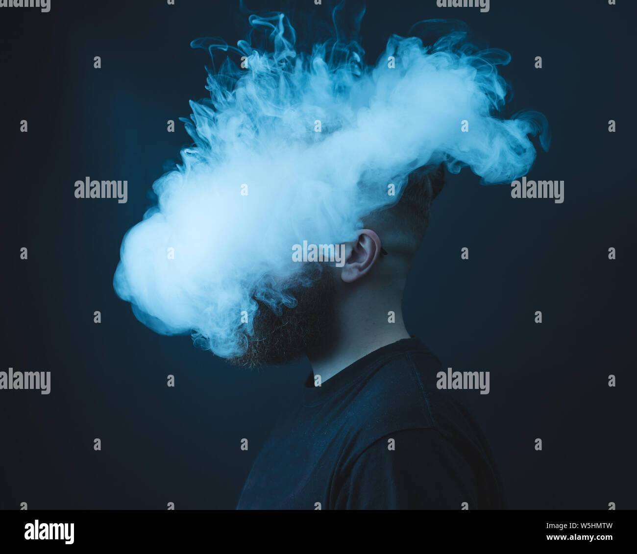 Concept. Smoke enveloped the head man. Portrait of a Bearded, stylish ...