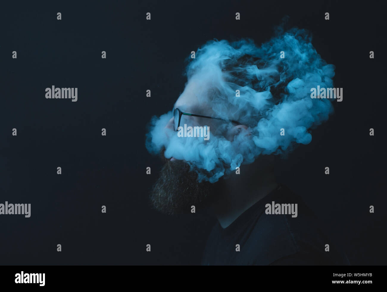 Concept. Smoke enveloped the head man. Portrait of a Bearded, stylish ...