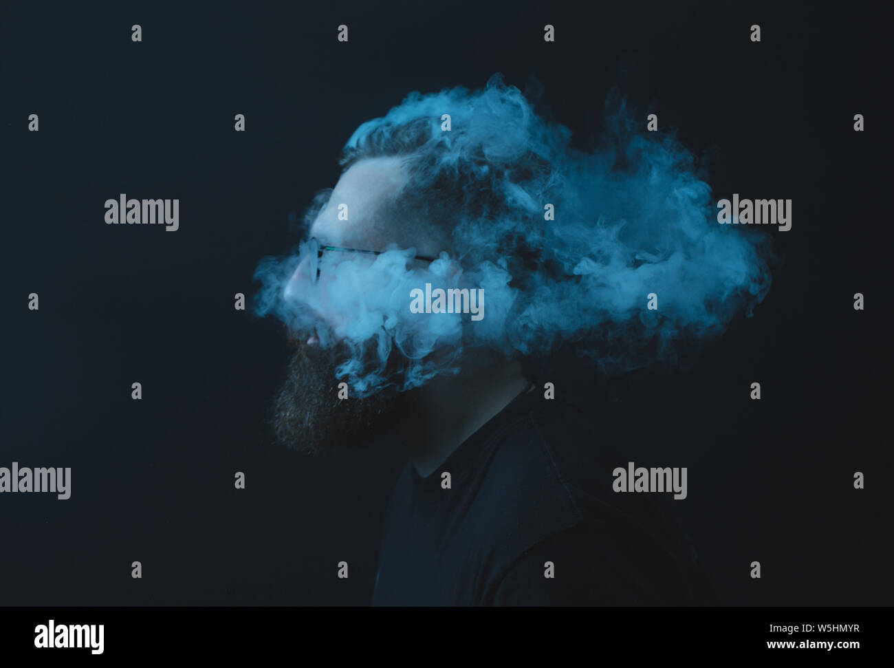 Concept. Smoke enveloped the head man. Portrait of a Bearded, stylish ...