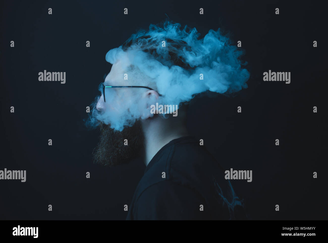 Concept. Smoke enveloped the head man. Portrait of a Bearded, stylish ...