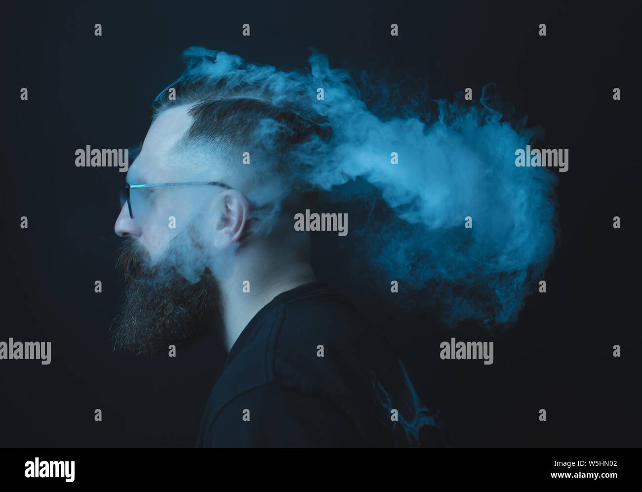 Concept. Smoke enveloped the head man. Portrait of a Bearded, stylish ...