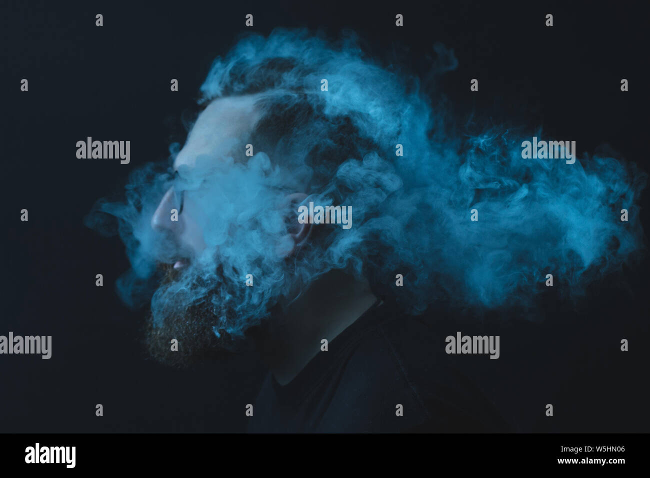 Concept. Smoke enveloped the head man. Portrait of a Bearded, stylish ...