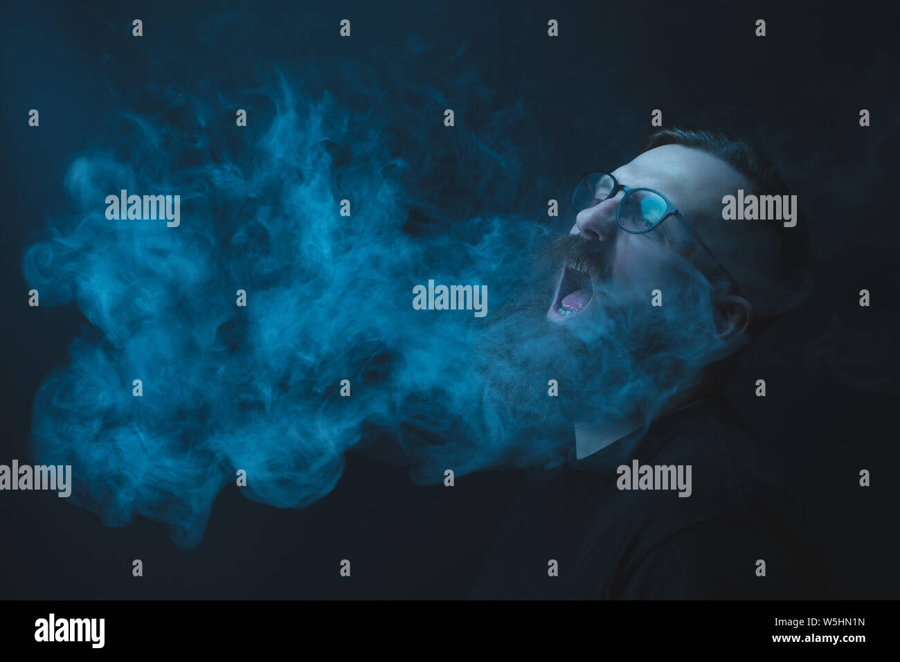 Concept. Smoke enveloped the head man. Portrait of a Bearded, stylish ...