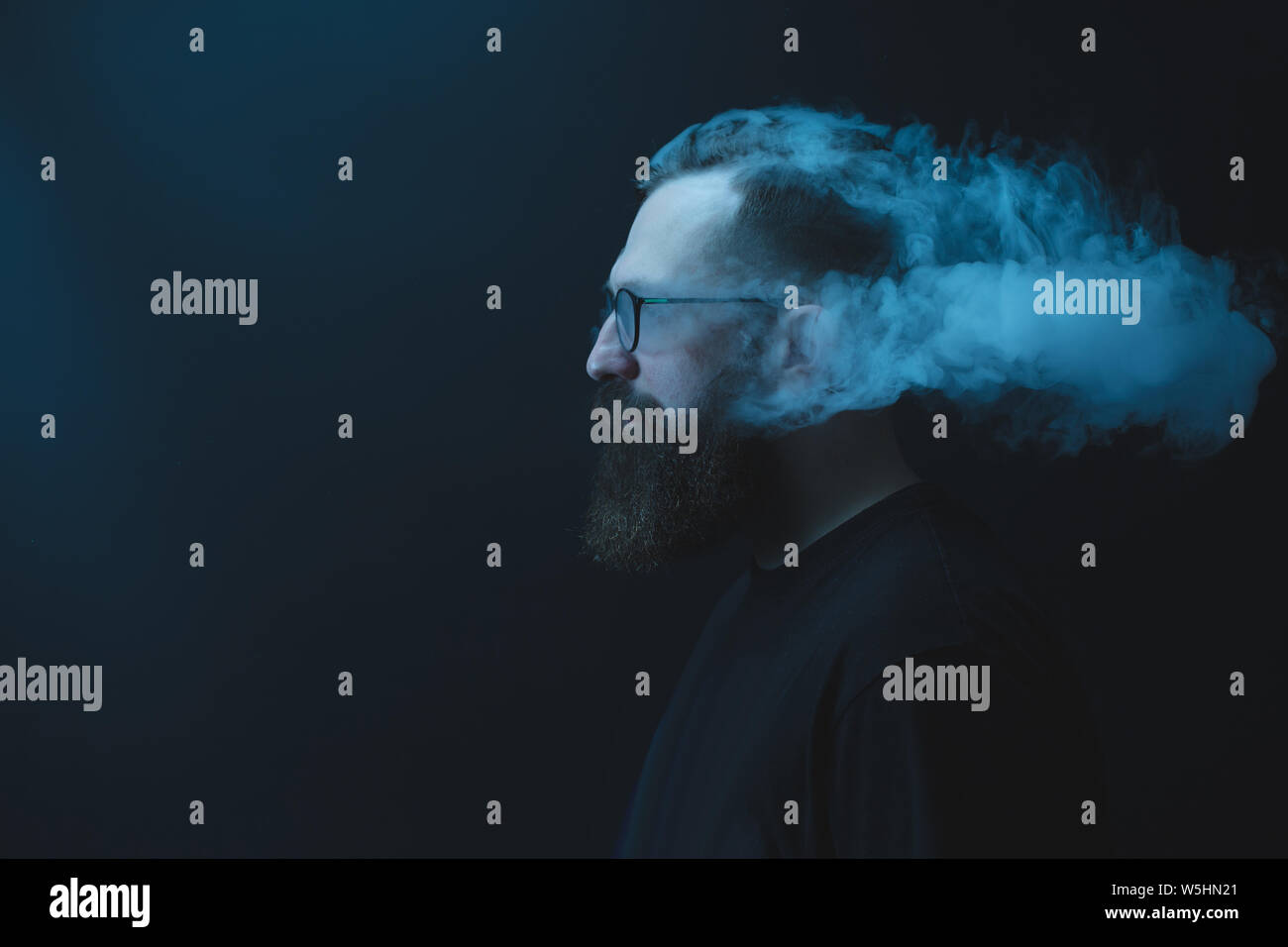 Concept. Smoke enveloped the head man. Portrait of a Bearded, stylish ...