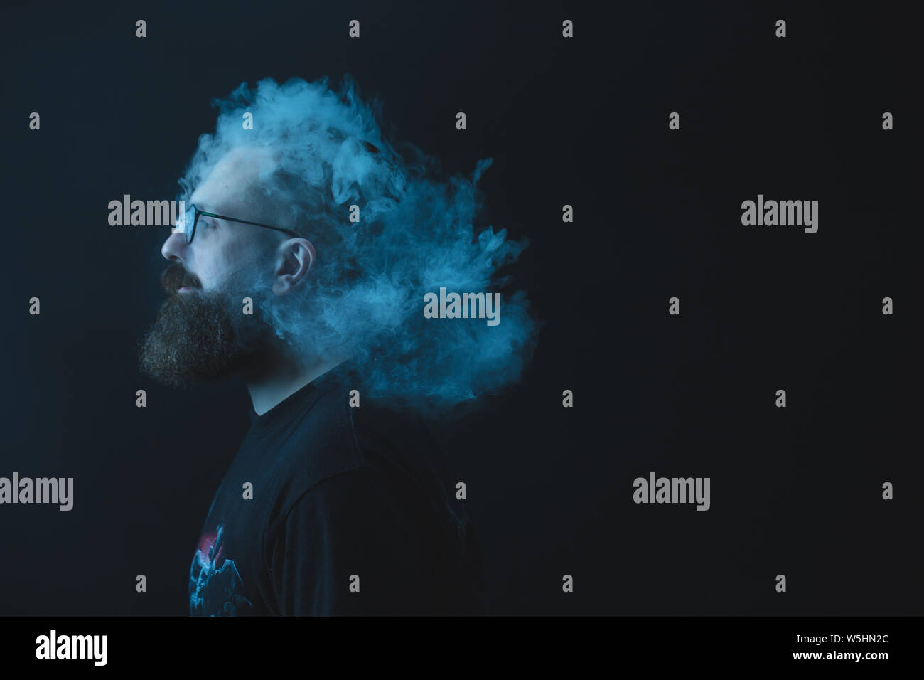 Concept. Smoke enveloped the head man. Portrait of a Bearded, stylish ...