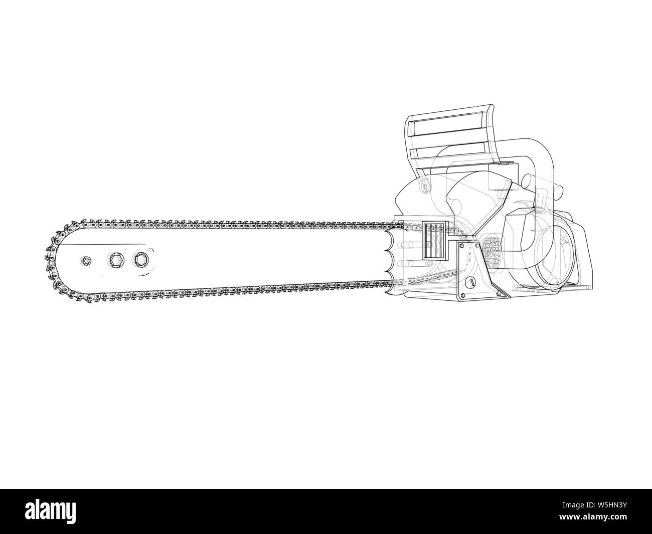Chain saw. Vector rendering of 3d. Wire-frame style. The layers of ...