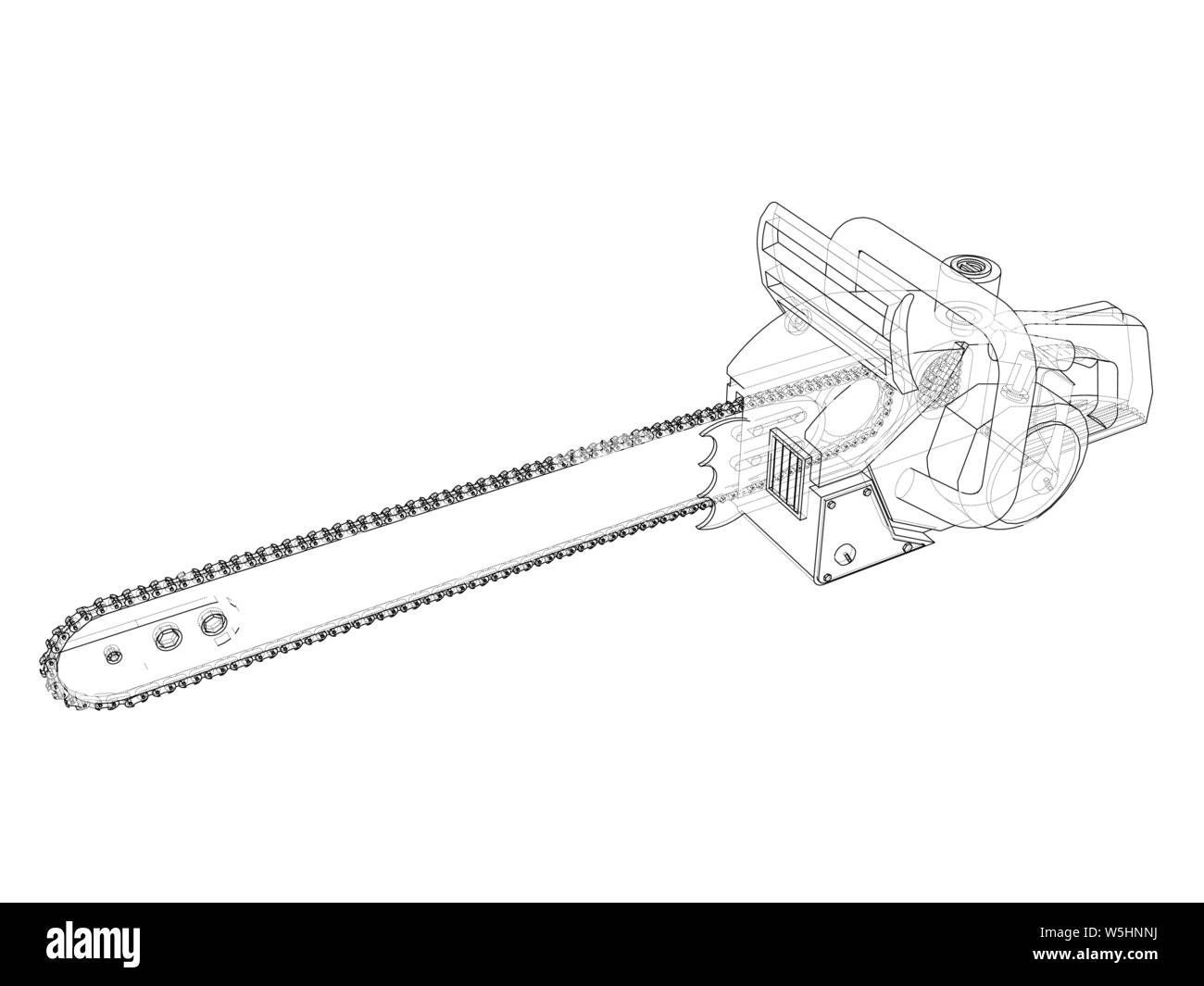Chain saw. Vector rendering of 3d. Wire-frame style. The layers of ...