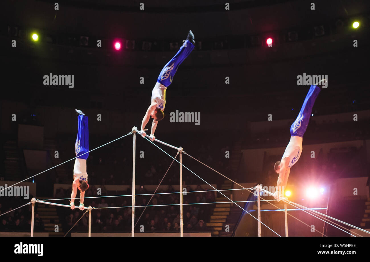 Acrobats perform exercises on the bar in the Circus arena Stock Photo ...