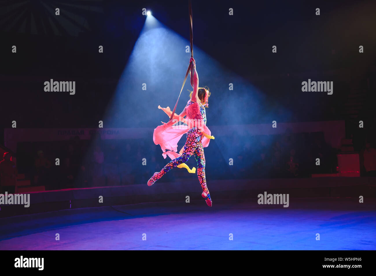 Aerial acrobat in the ring. A young girl performs the acrobatic ...