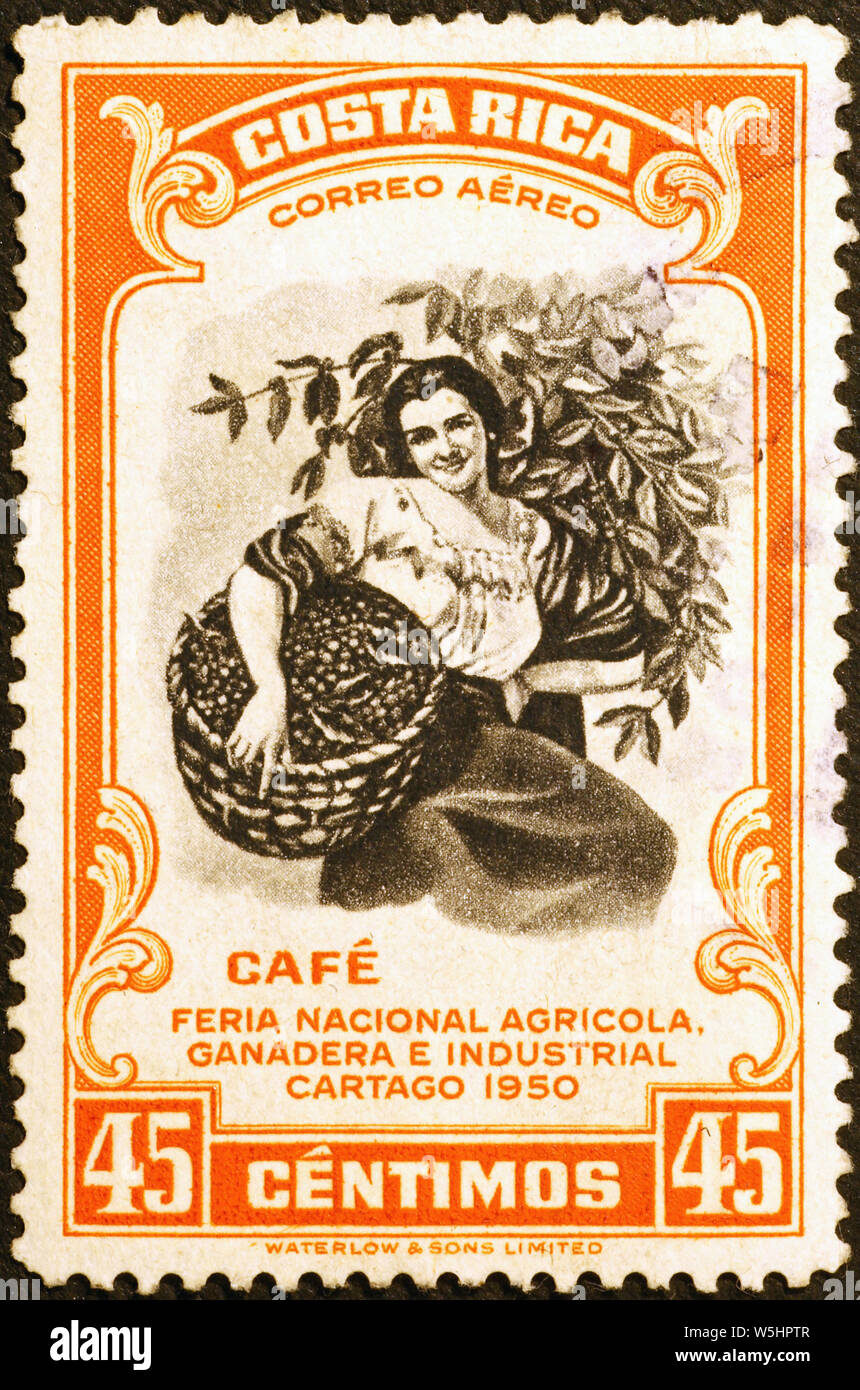 Woman picking coffee berries on vintage postage stamp of Costa Rica ...