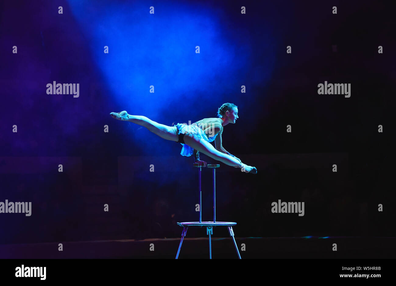 Aerial acrobat in the ring. A young girl performs the acrobatic ...